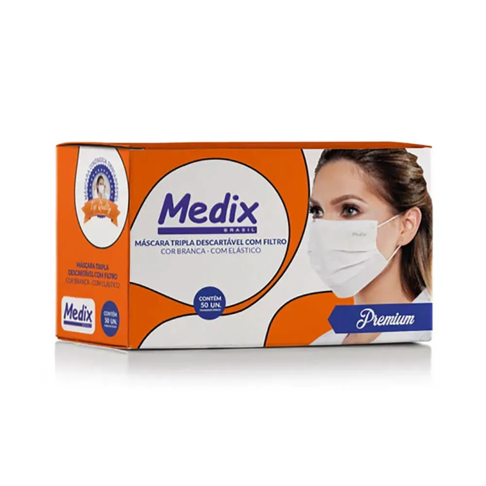 Máscara descartável tripla com elástico c/50 Medix - Medix - Biodental